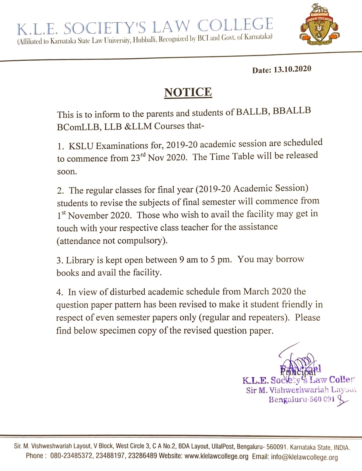 KSLU Exams – Circular | KLE Society's Law College