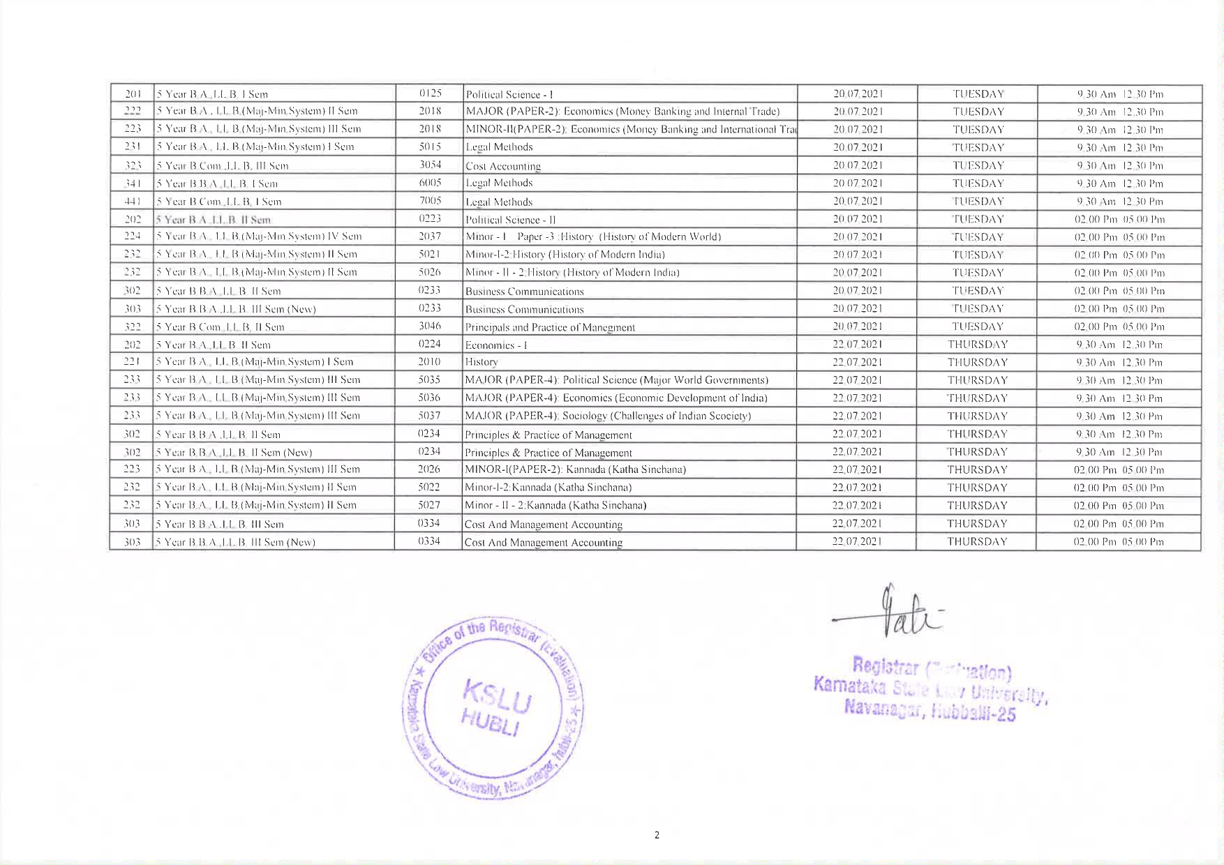 Remaining Examination Time Table – March 2021 | KLE Society's Law College