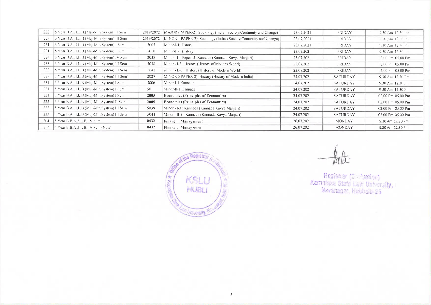 Remaining Examination Time Table – March 2021 | KLE Society's Law College